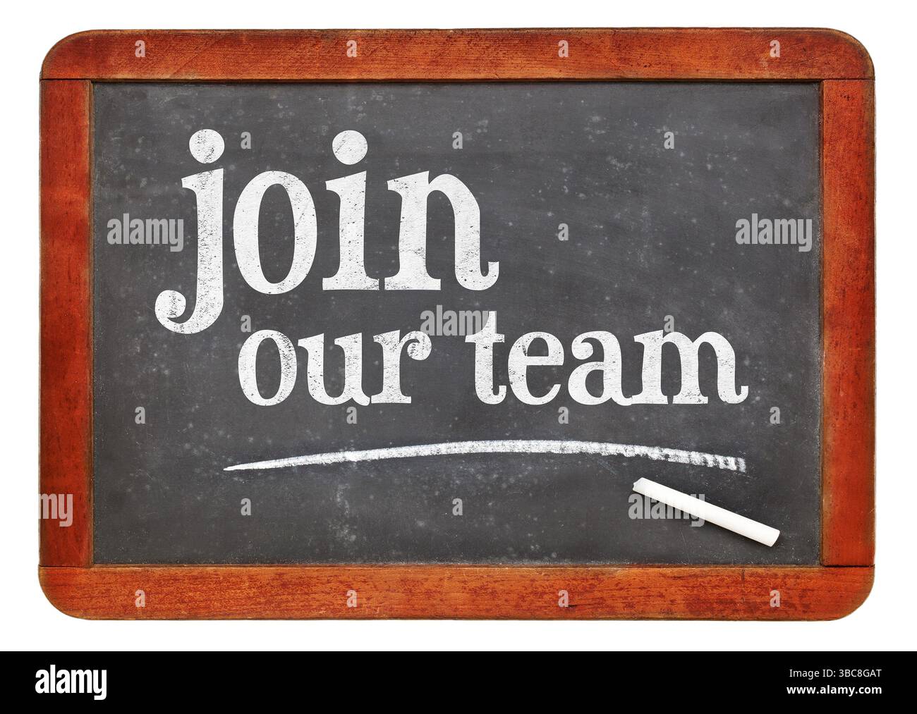 Joint our team sign - white chalk text on a vintage slate blackboard ...
