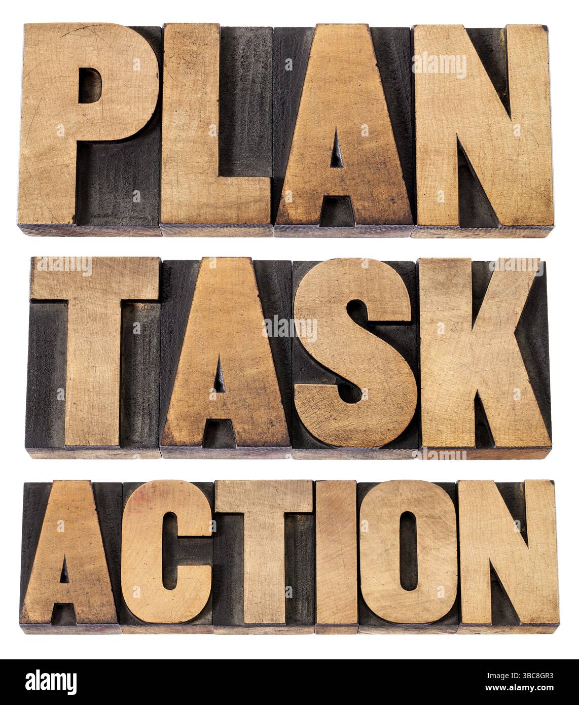 Plan, task, action - a collage of isolated words in vintage letterpress ...