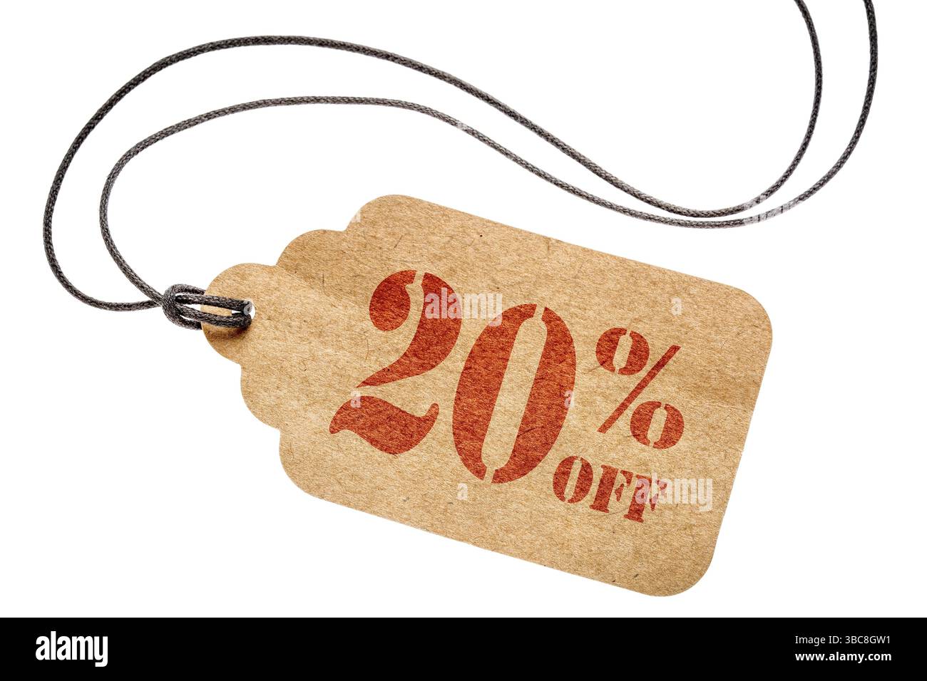 Twenty percent off discount - a paper price tag with twine isolated on ...
