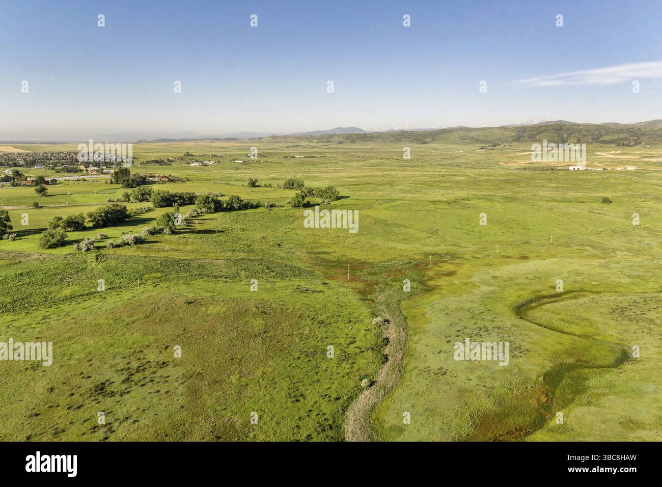 Aerial view of foothills prairie along Front Range of Rocky Mountains ...