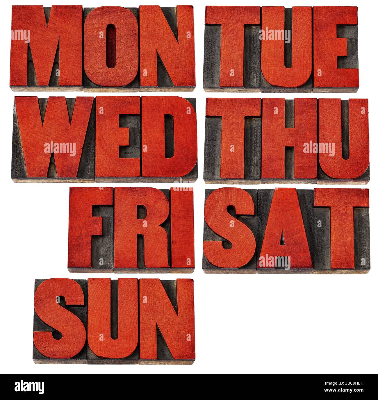 7 days of week (first 3 letter symbols) in isolated vintage wood ...