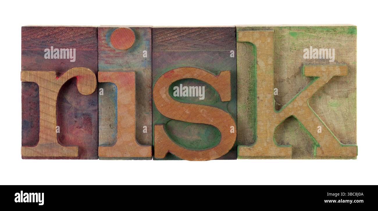 The word risk in vintage wooden letterpress type blocks, stained by ...