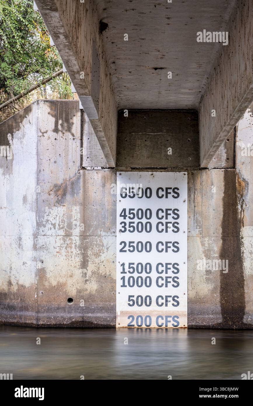 Measurement gauge marker for river water level under footbridge ...