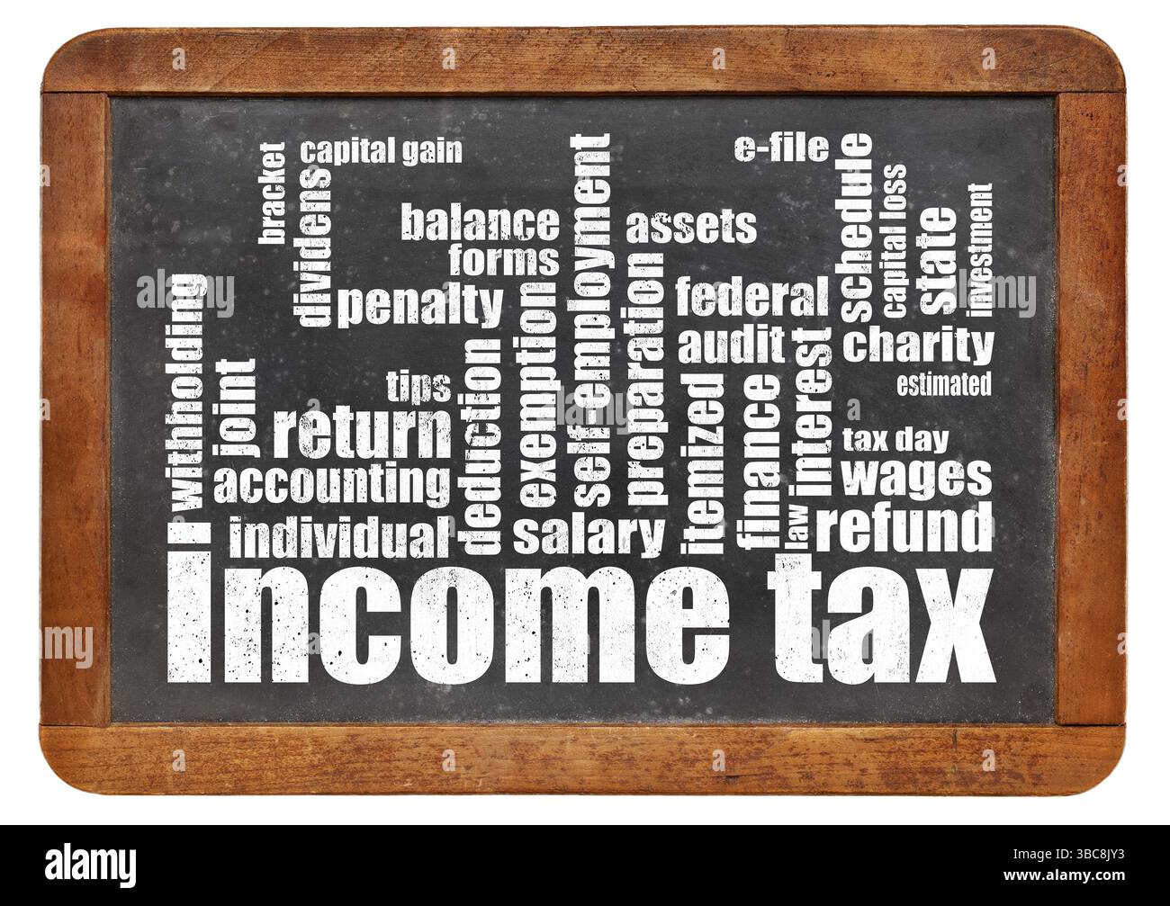 Income tax word cloud on a vintage slate blackboard Stock Photo - Alamy