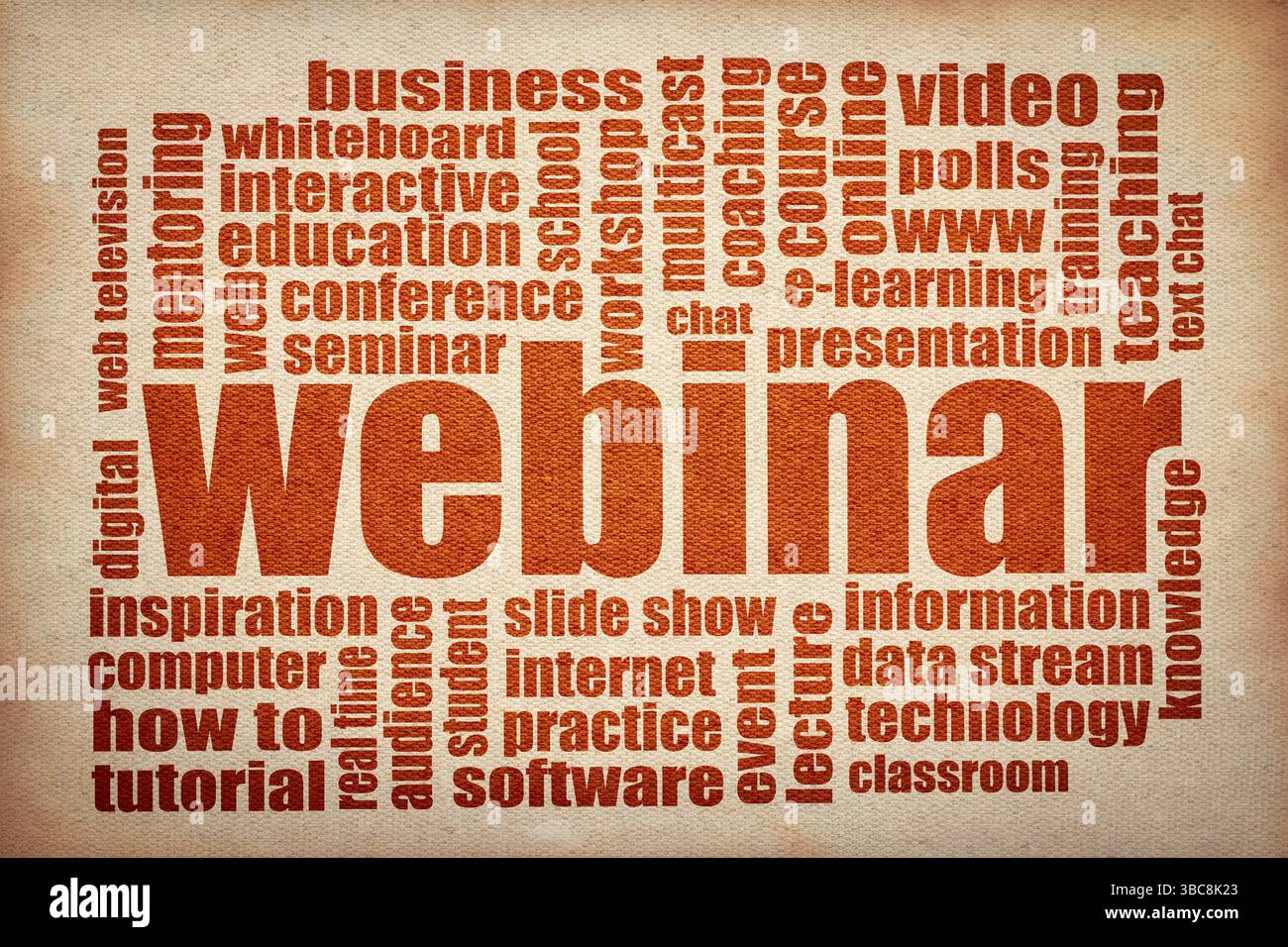 Webinar (web seminar) word cloud - red printing on a grunge canvas ...
