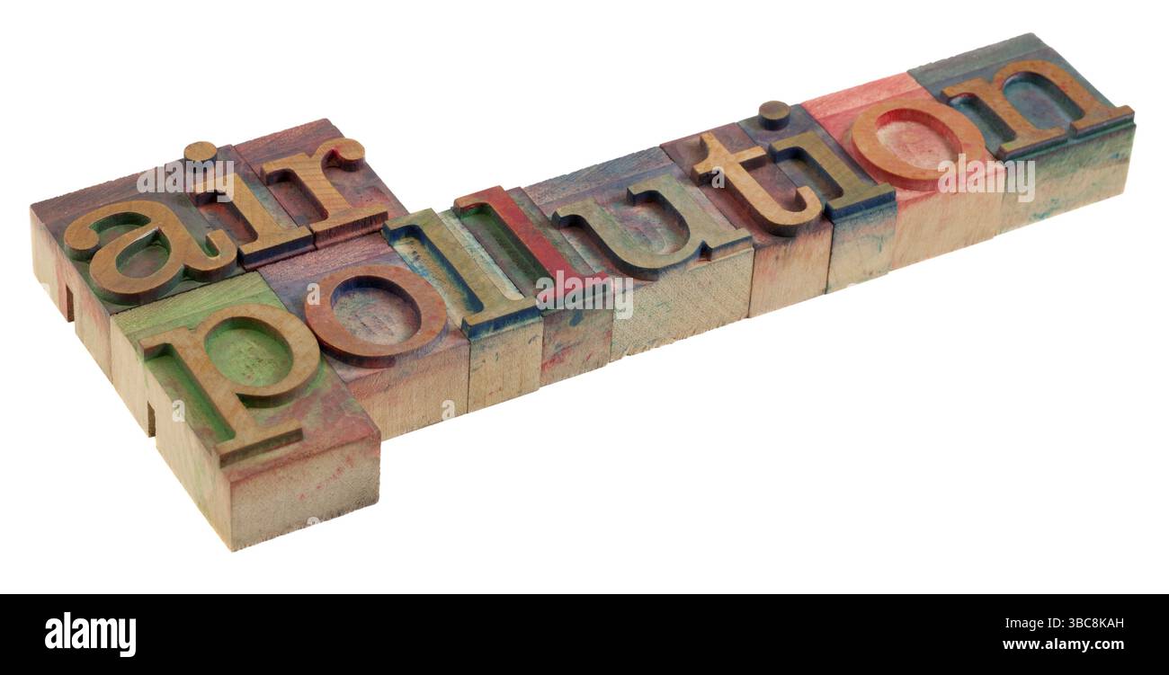 Air pollution concept - words in vintage wooden letterpress printing ...