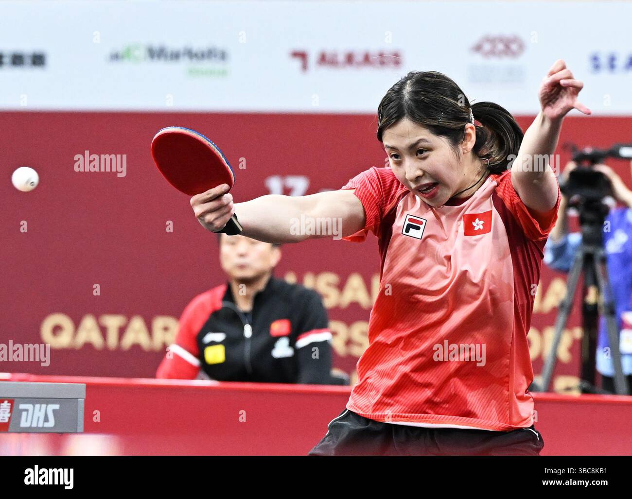 Doha, Qatar. 18th May, 2025. Lam Yee Lok hits a return during the women ...