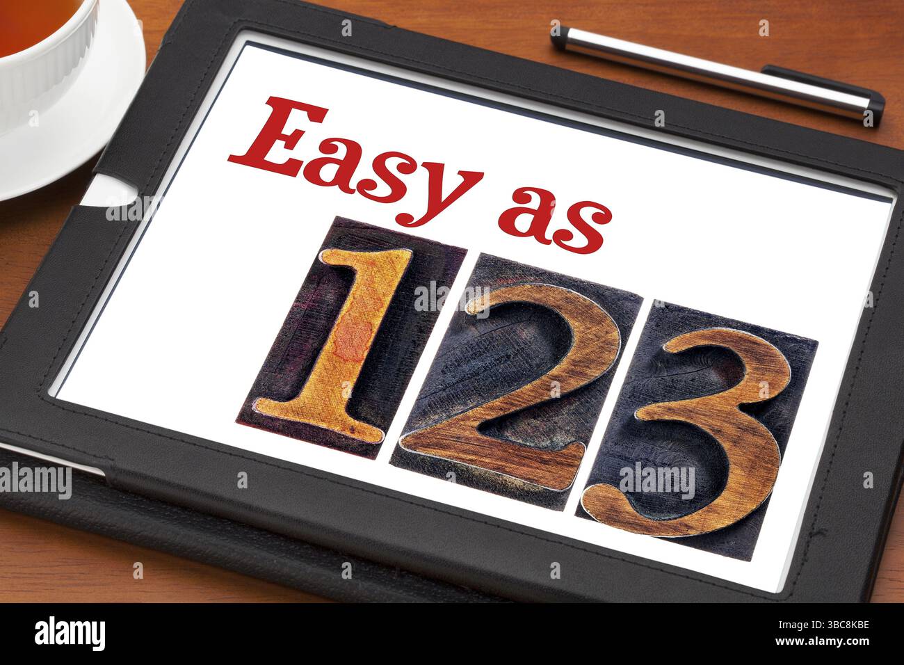 Easy as 1, 2, 3 concept - text and numbers in letterpress wood type on ...