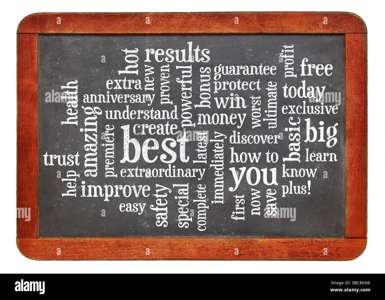 Copywriting power words - word cloud on a vintage blackboard isolated ...