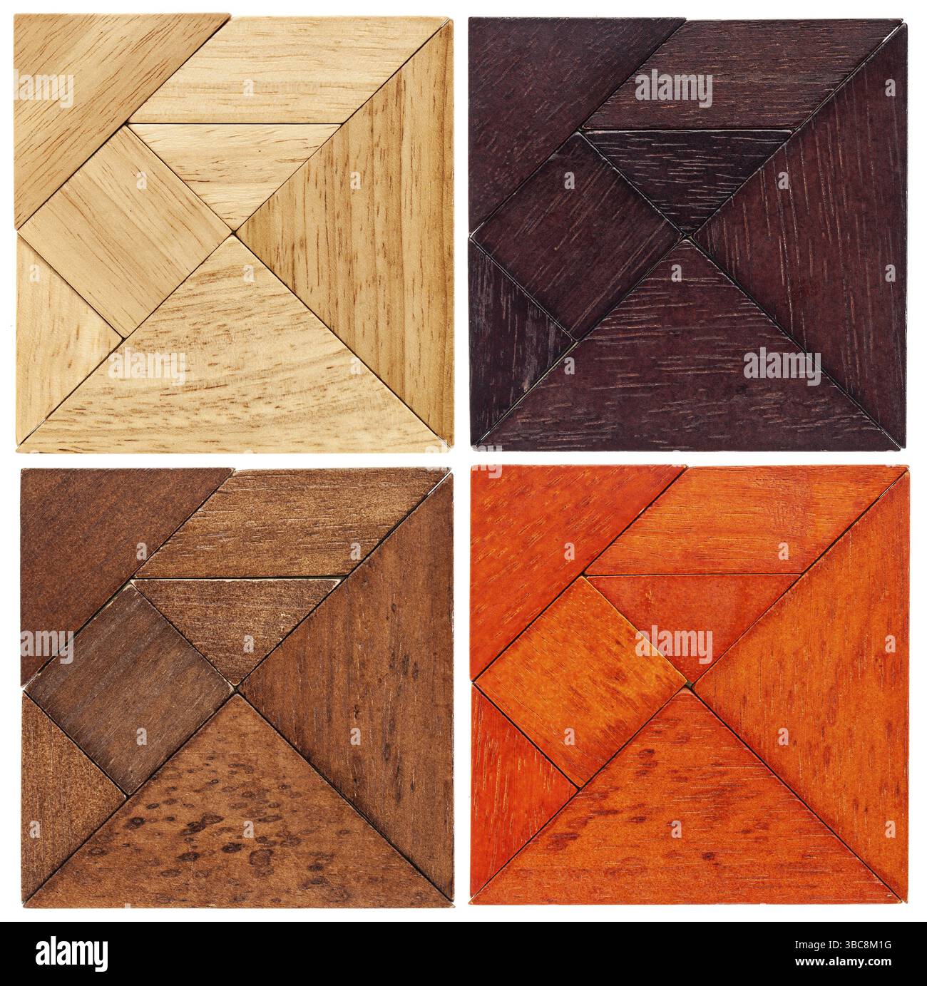 Four tangram squares in different wood, a traditional Chinese puzzle ...