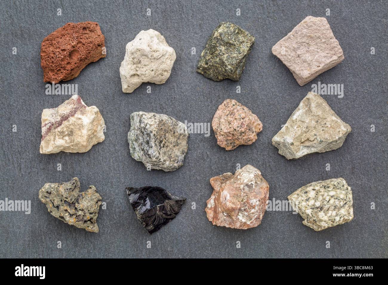 Igneous rock geology collection, from top left: scoria, pumice, gabbro ...