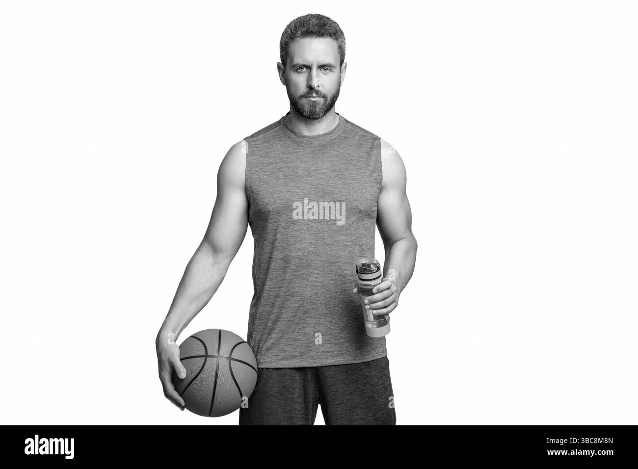 Thirsty man drink water. Basketball player man with sport bottle ...