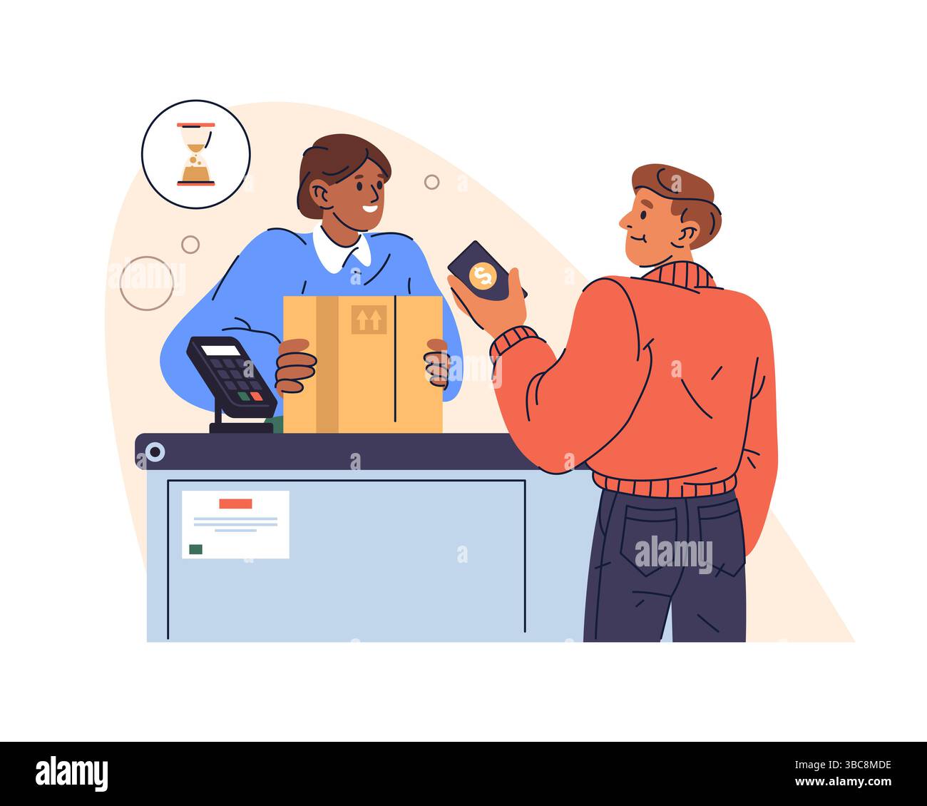 Customer paying for parcel using smartphone and terminal. Vector ...