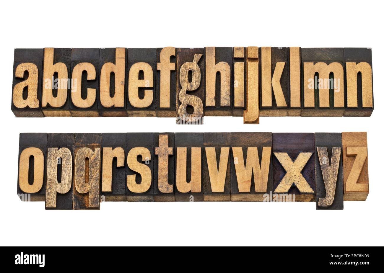 Full English alphabet, lowercase, in two isolated rows - vintage wood ...