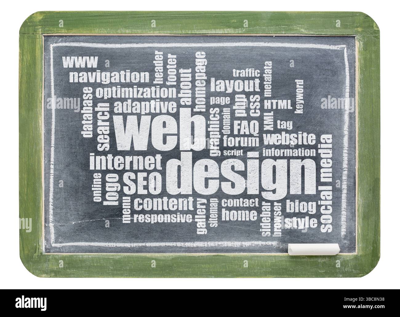 Web design word cloud - white chalk text on a vintage slate blackboard isolated with a clipping ...