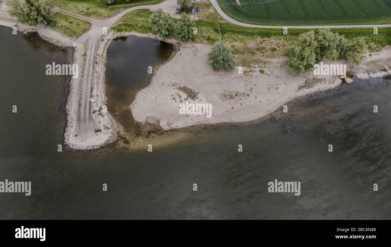 Drone image of a riverbank with gravel beaches and vegetation, Bogen ...