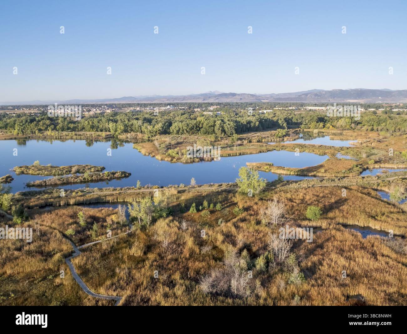 Aerial view of Riverbend Ponds, one of natural areas in Fort Collins ...