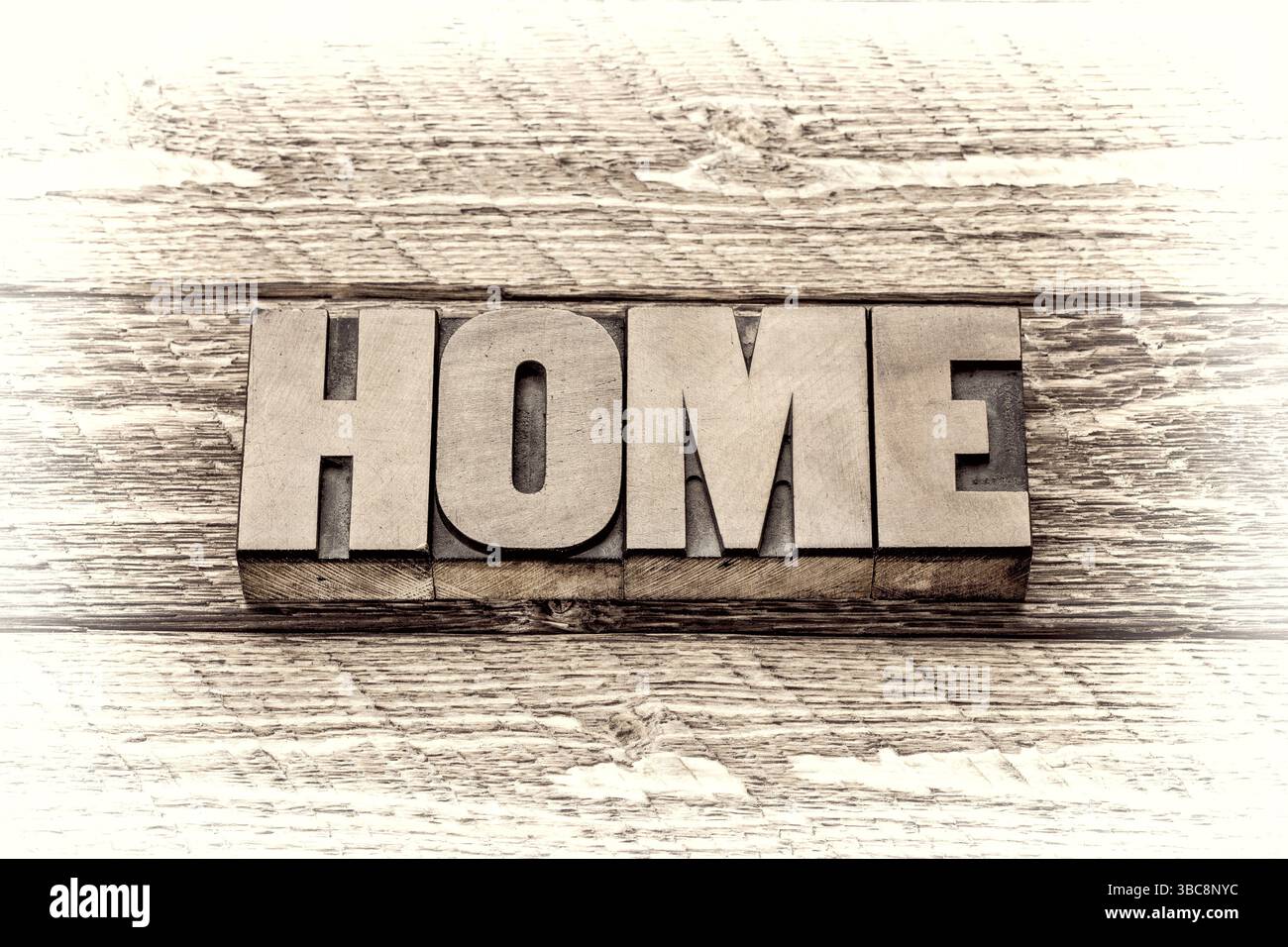Home word in vintage letterpress wood type, retro sepia toning Stock ...