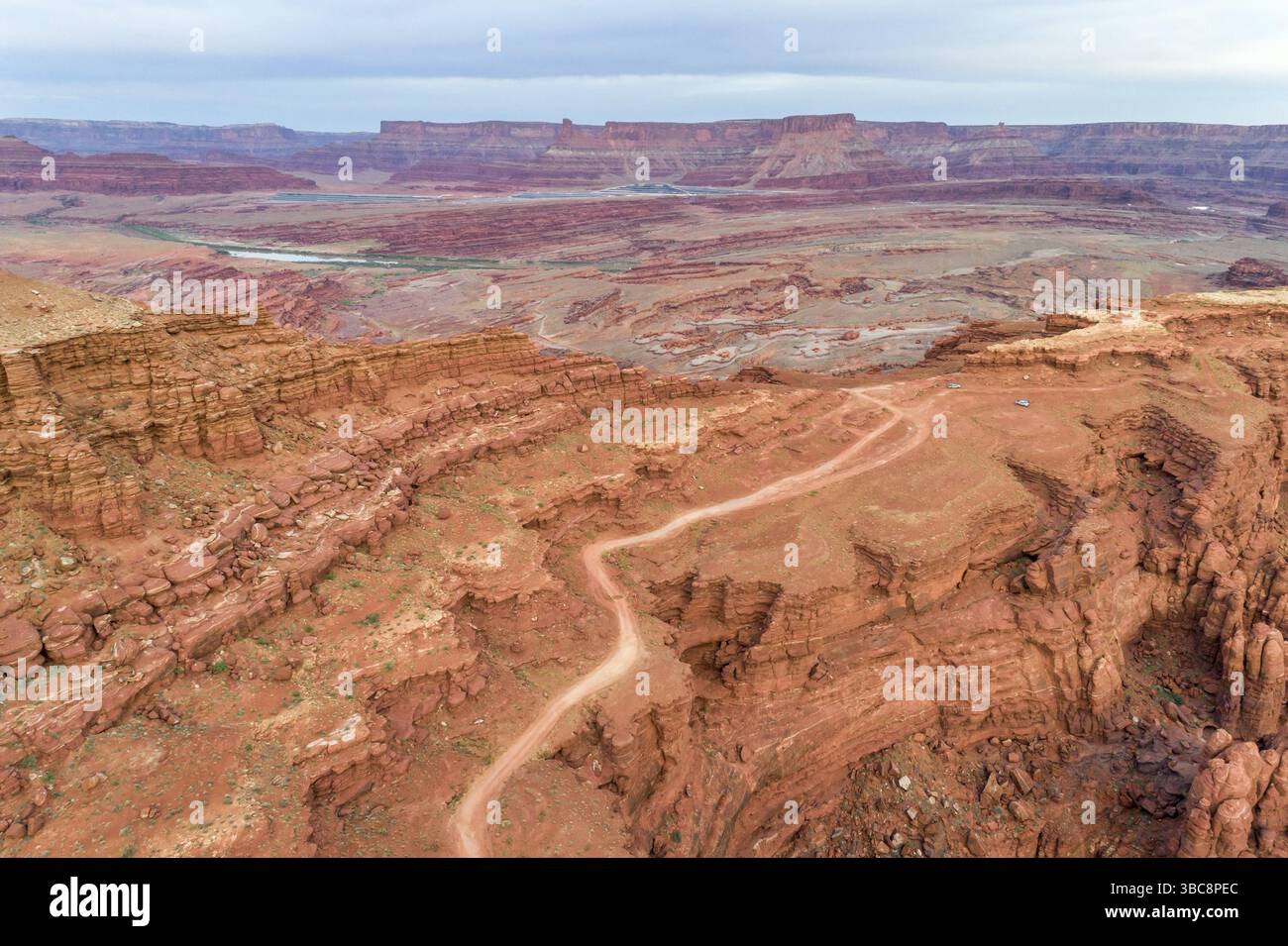 Aerial view of Hurrah Pass and 4WD trail in Moab area, Utah, morning ...