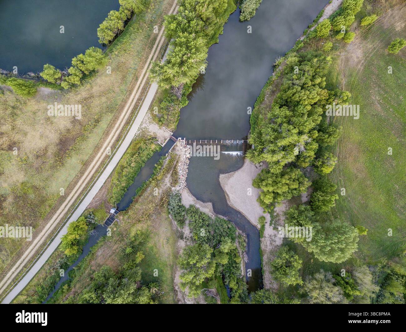 Aerial view of the diversion dam providing water of farming - Cache la ...