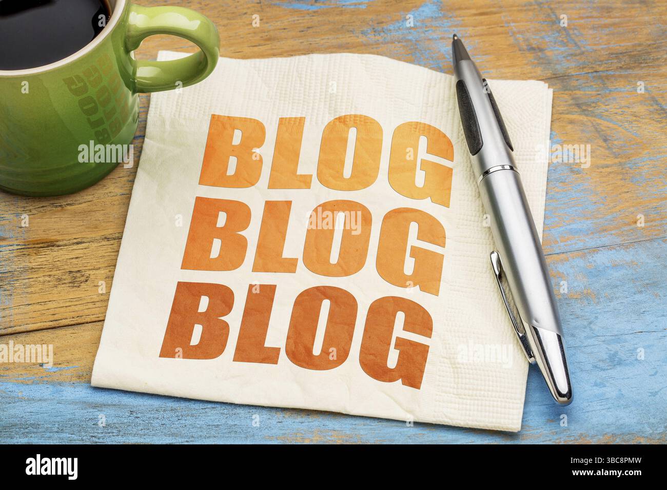 Blog word abstract - blogging concept on a napkin with cup of espresso ...