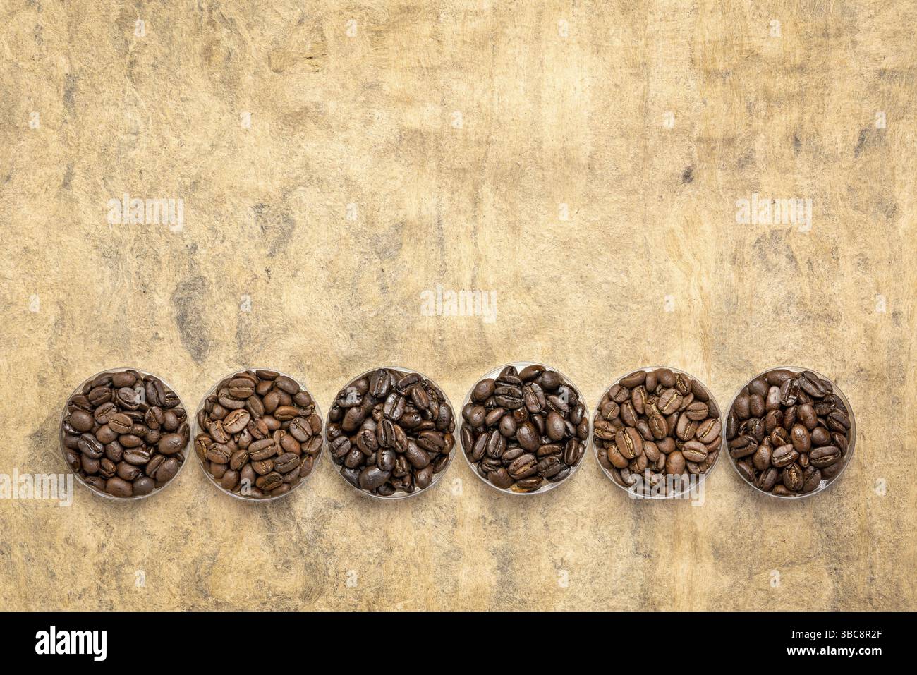 Sampler of coffee beans from different parts of the world - overhead ...