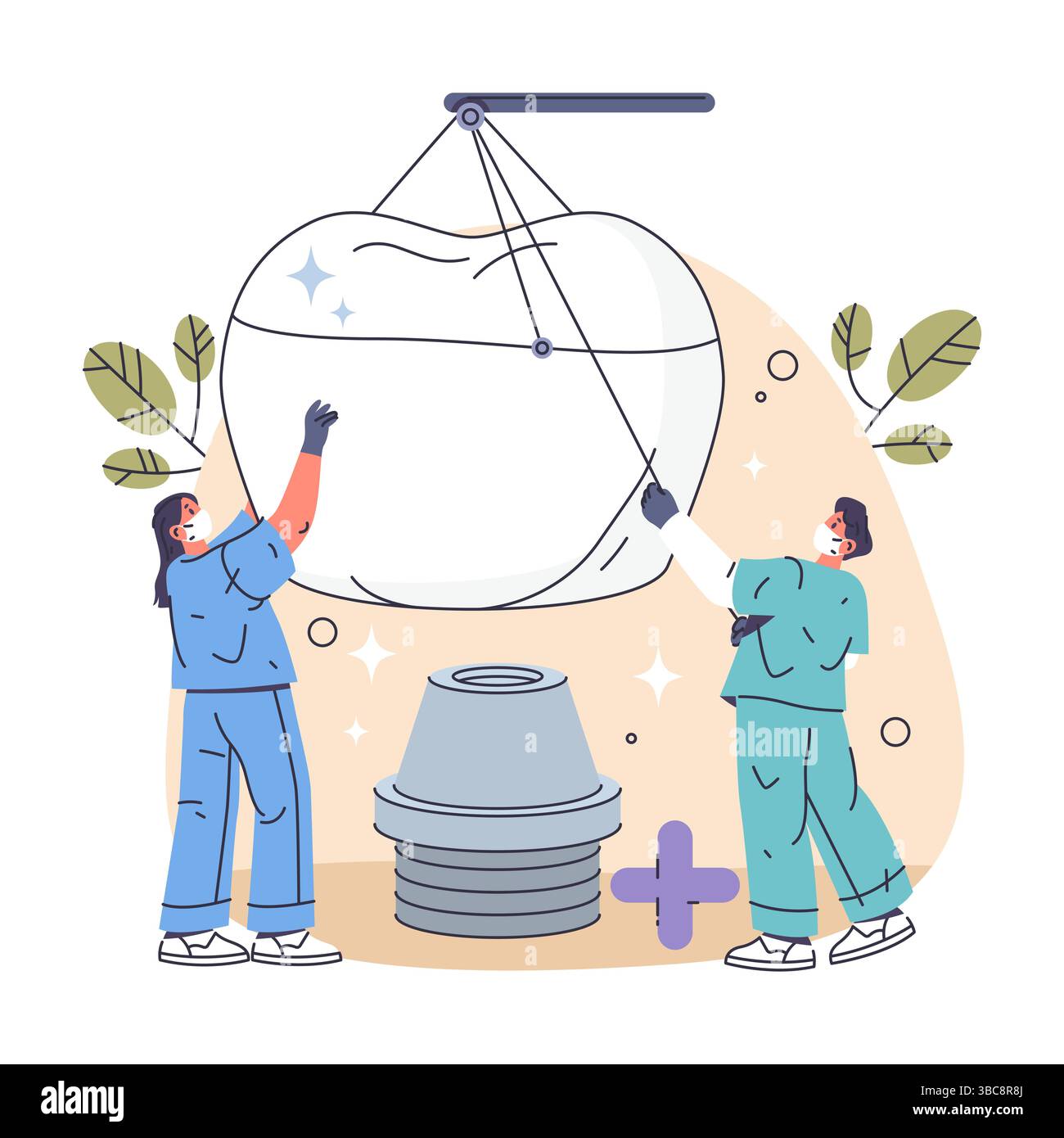 Vector cartoon dentists do dental implant procedure. People character ...