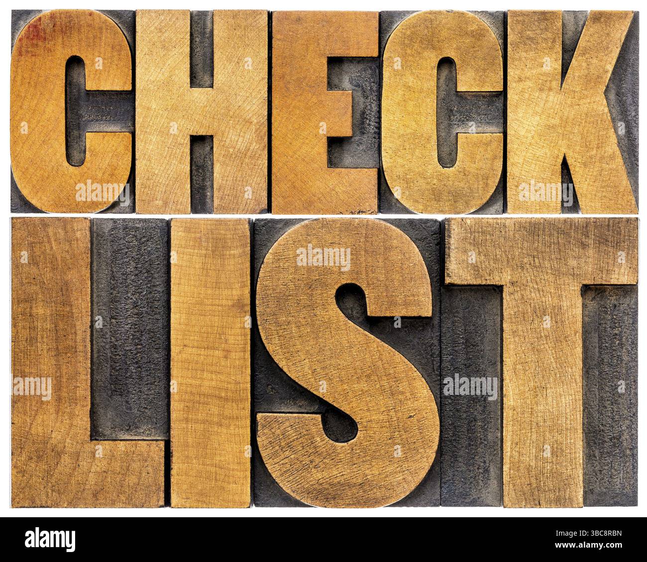 Checklist word typography -isolated text in letterpress wood type Stock ...