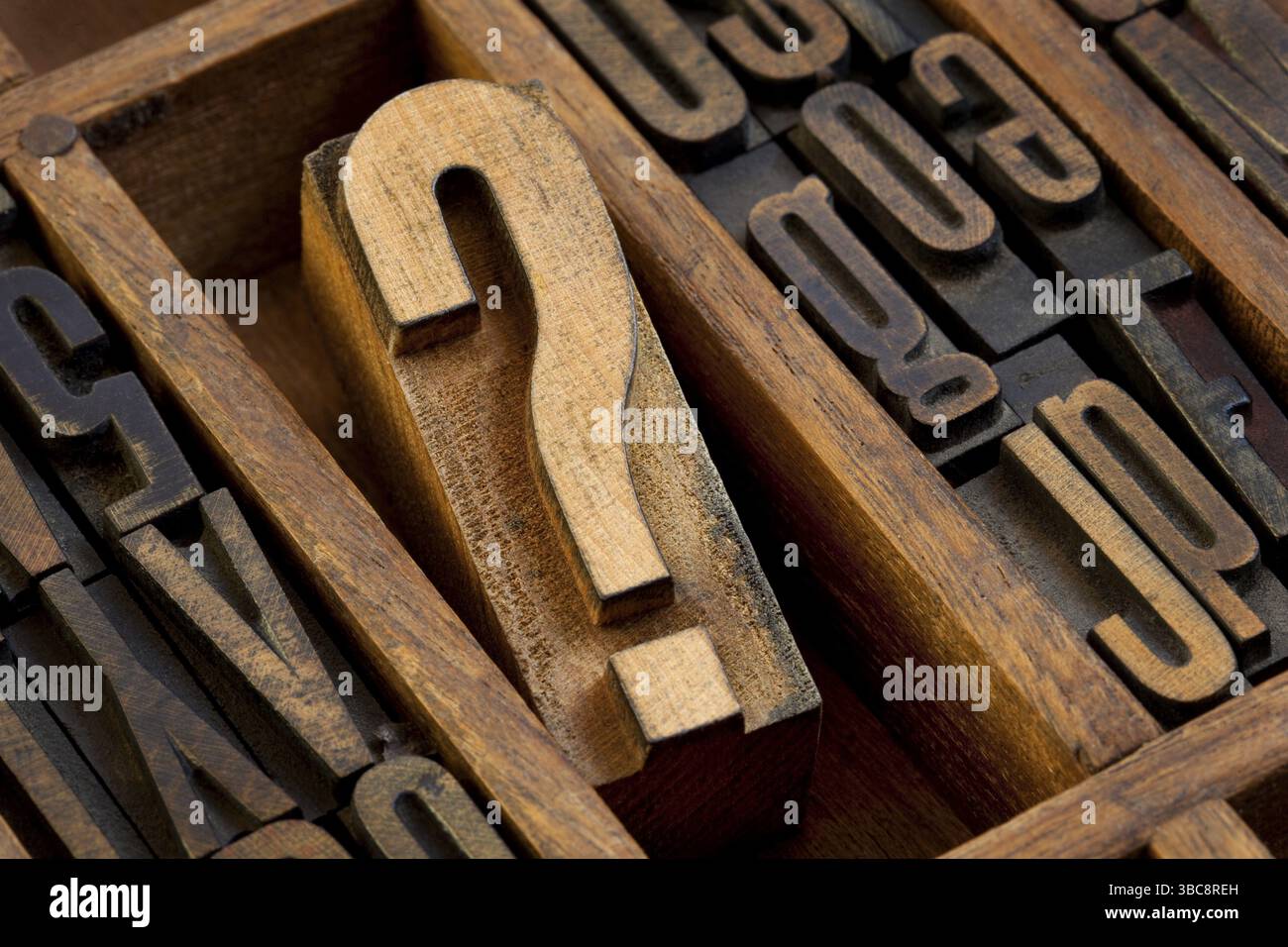 Question mark - vintage wooden letterpress type block in old typesetter ...