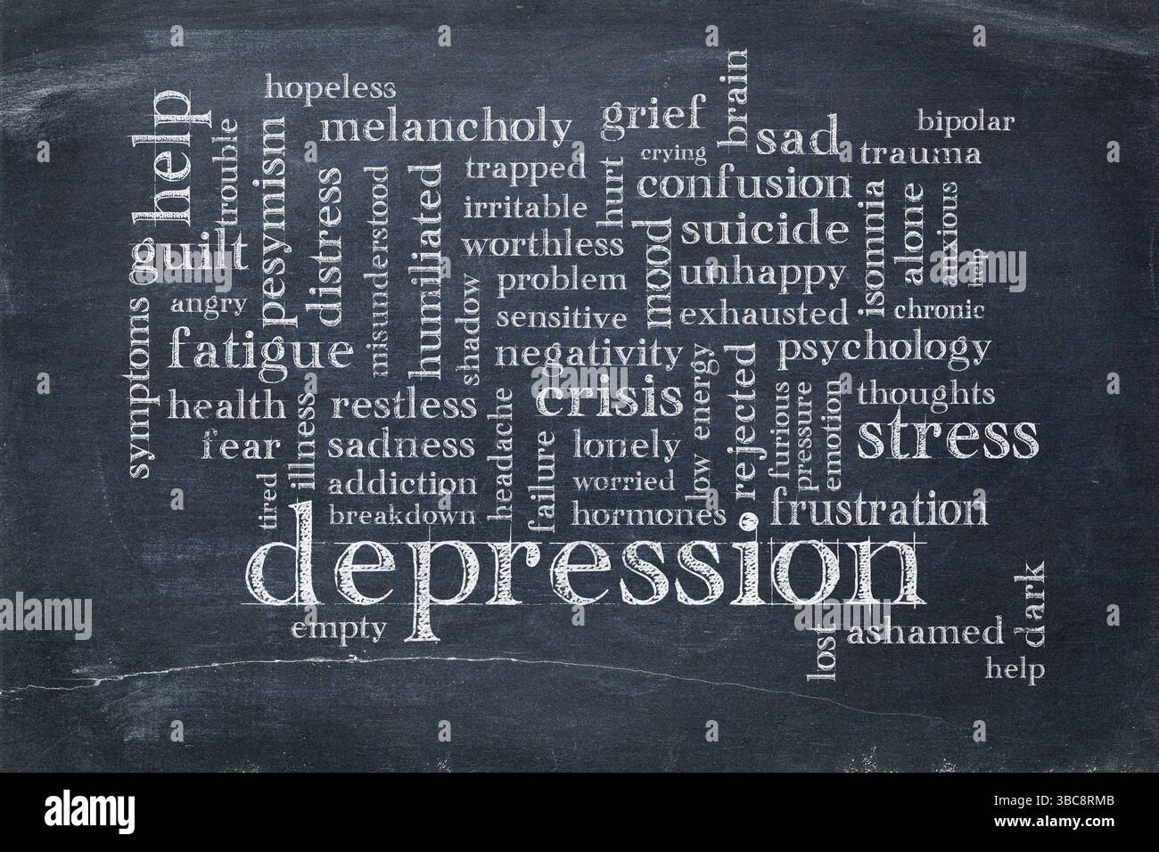 Depression word cloud - white chalk text on a slate blackboard Stock ...
