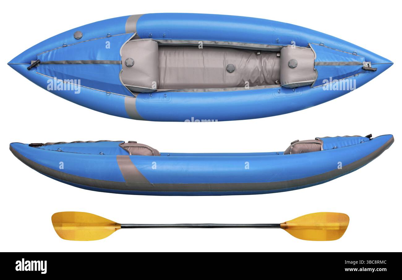 Blue inflatable whitewater one person kayak and paddle isolated on ...