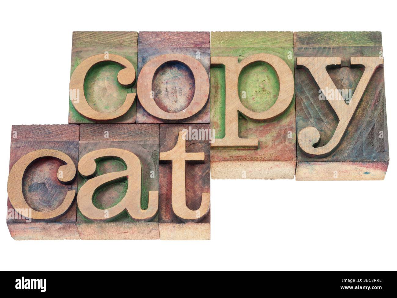 Copycat - isolated text in vintage letterpress wood type blocks stained ...