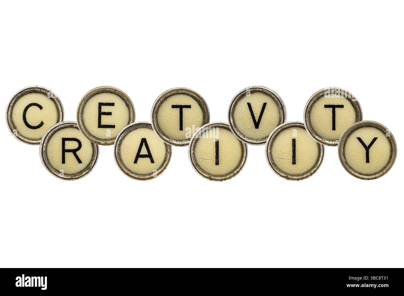 Creativity word in old round typewriter keys isolated on white Stock ...