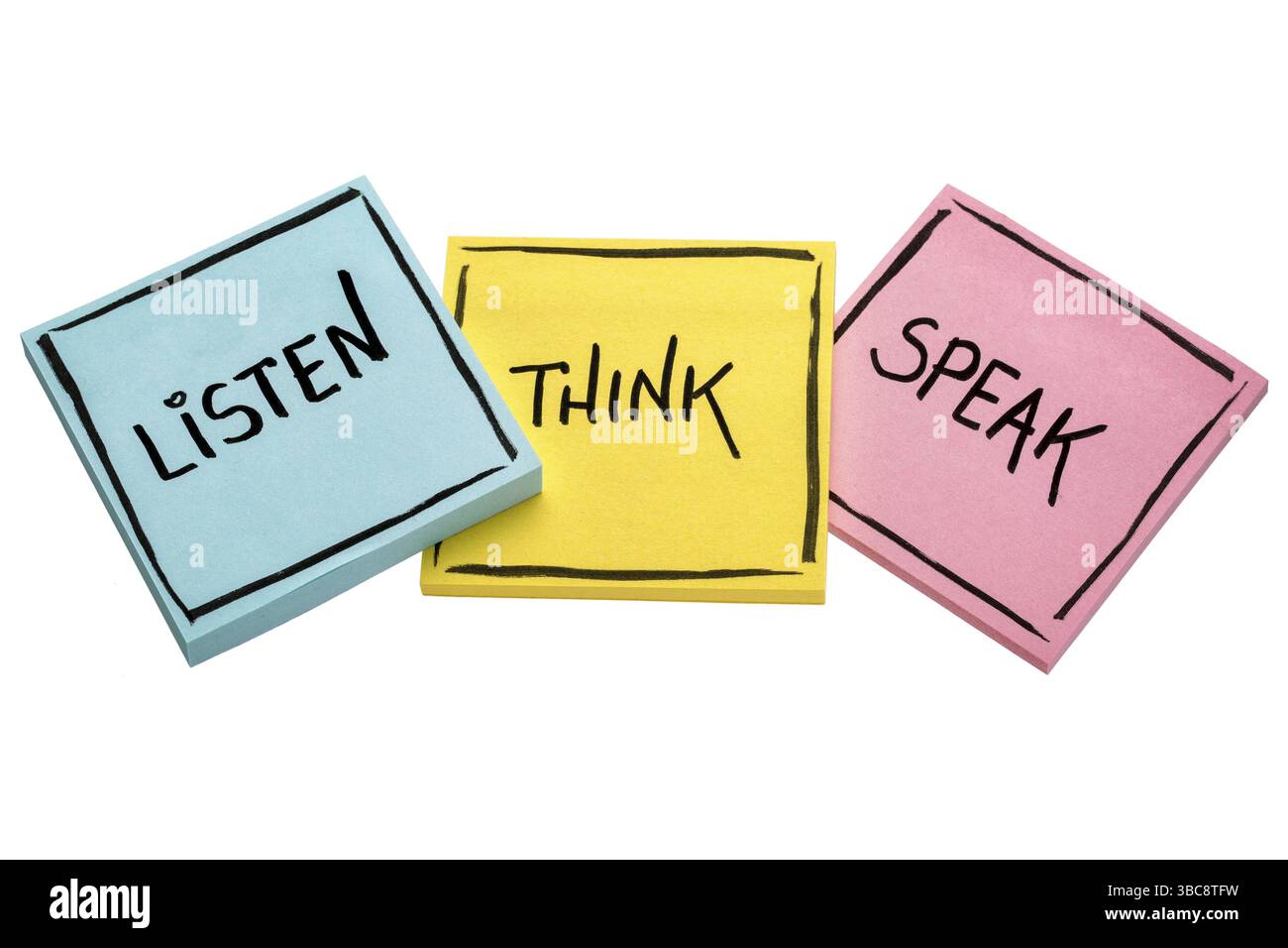 Listen, think, speak - communication concept - handwriting in black ink ...