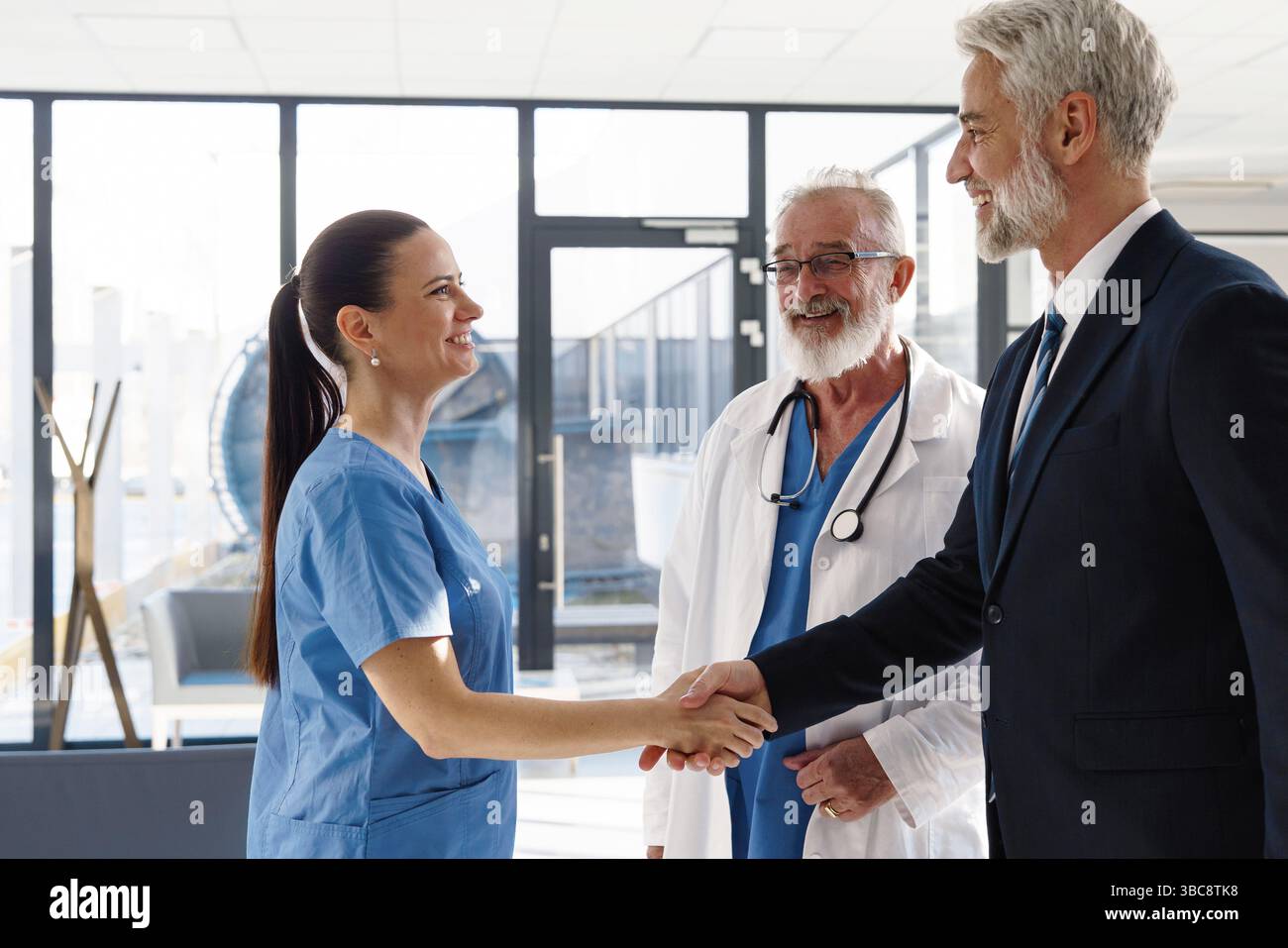 Medical sales representative presenting new medication to doctors ...