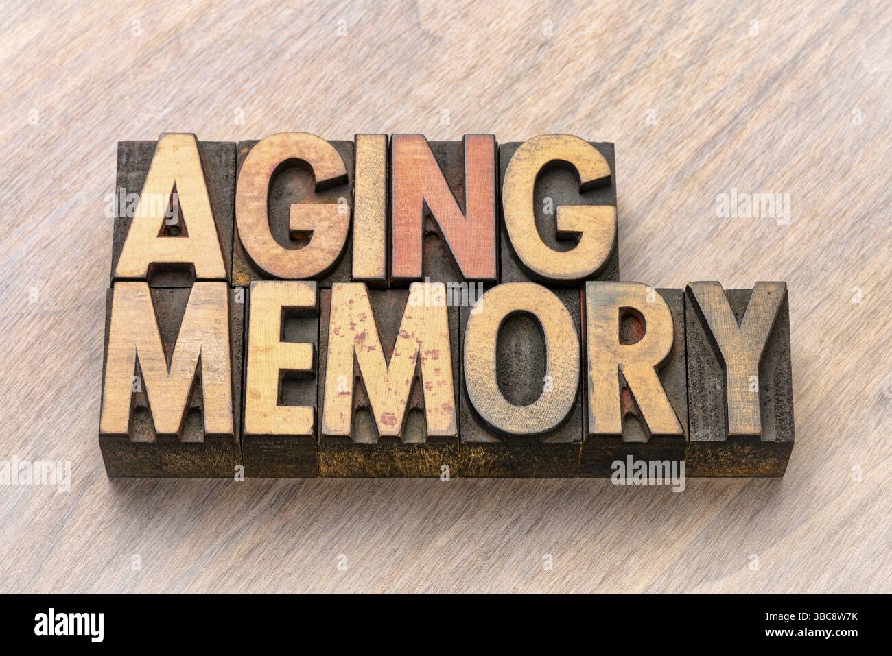 Aging memory word abstract in vintage letterpress wood type printing ...