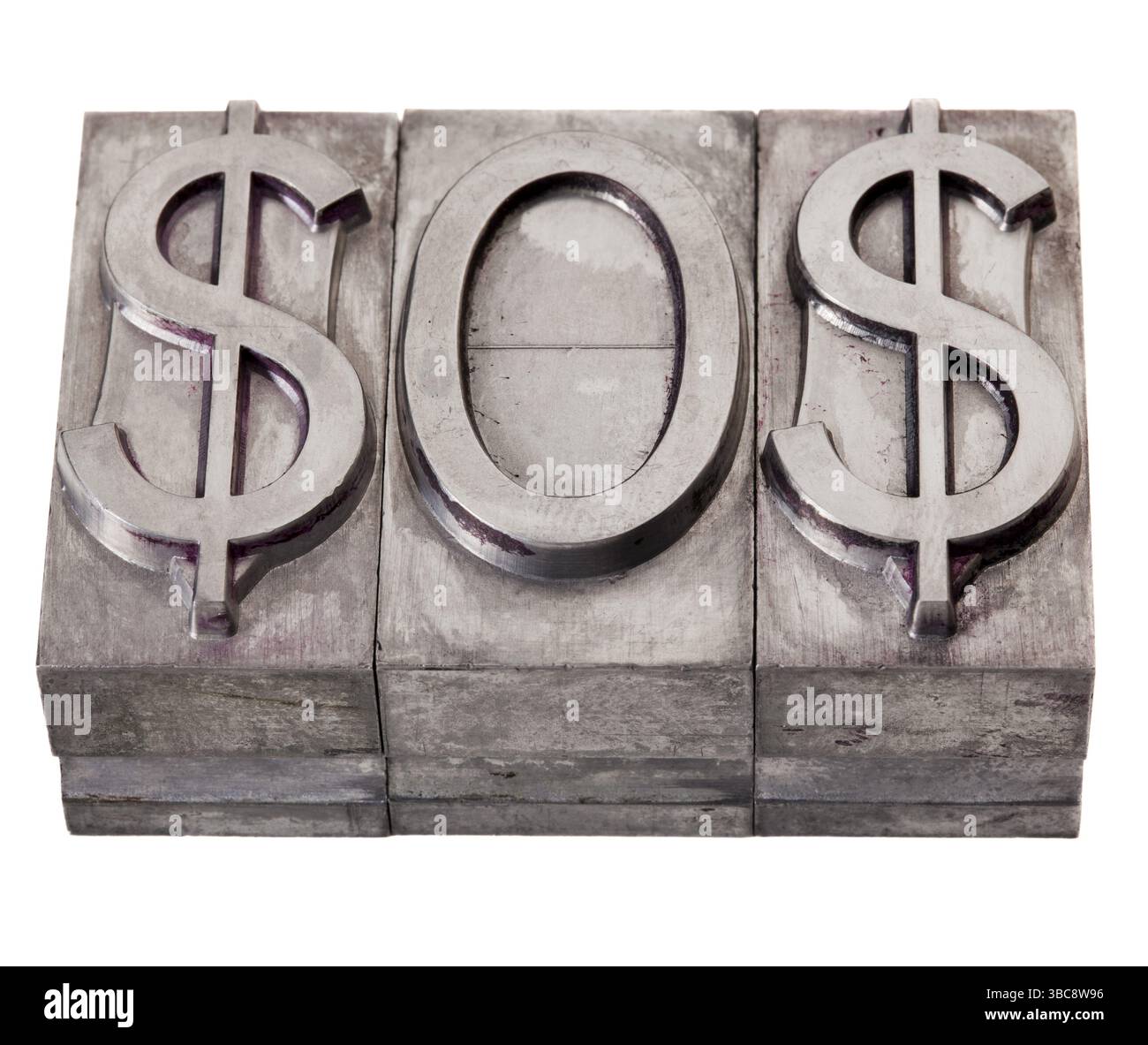 SOS distress signal spelled with dollar sign, vintage metal printing ...