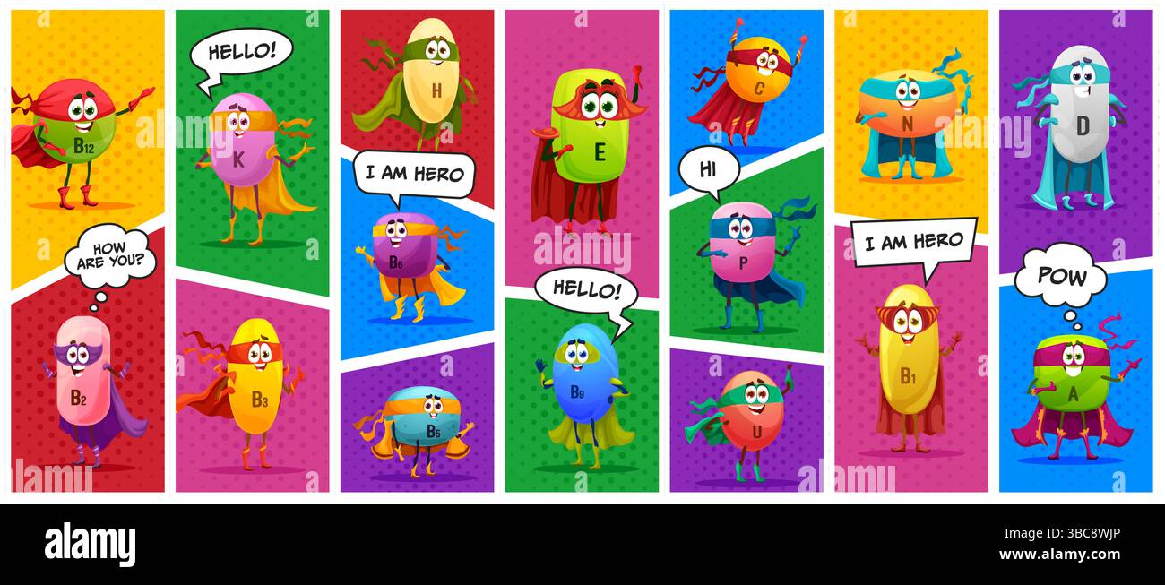 Cartoon superhero vitamin and micronutrient characters collage, vector ...
