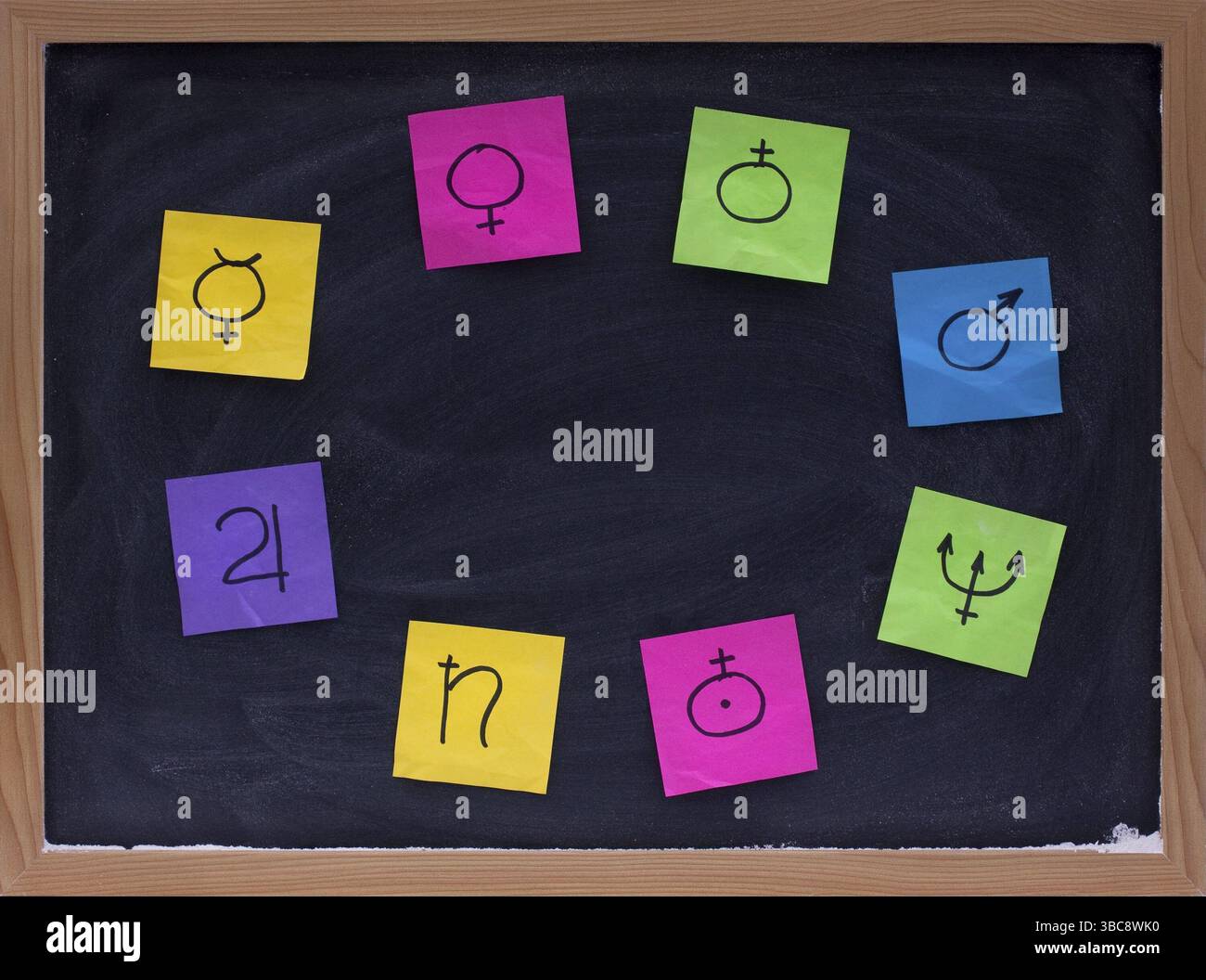 Blank copy space on blackboard surrounded by eight colorful sticky ...