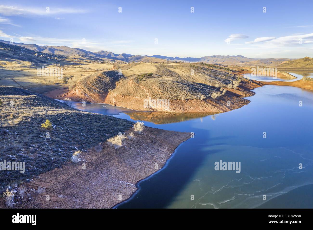 Freezing mountain lake in northern Colorado foothills, typical early ...
