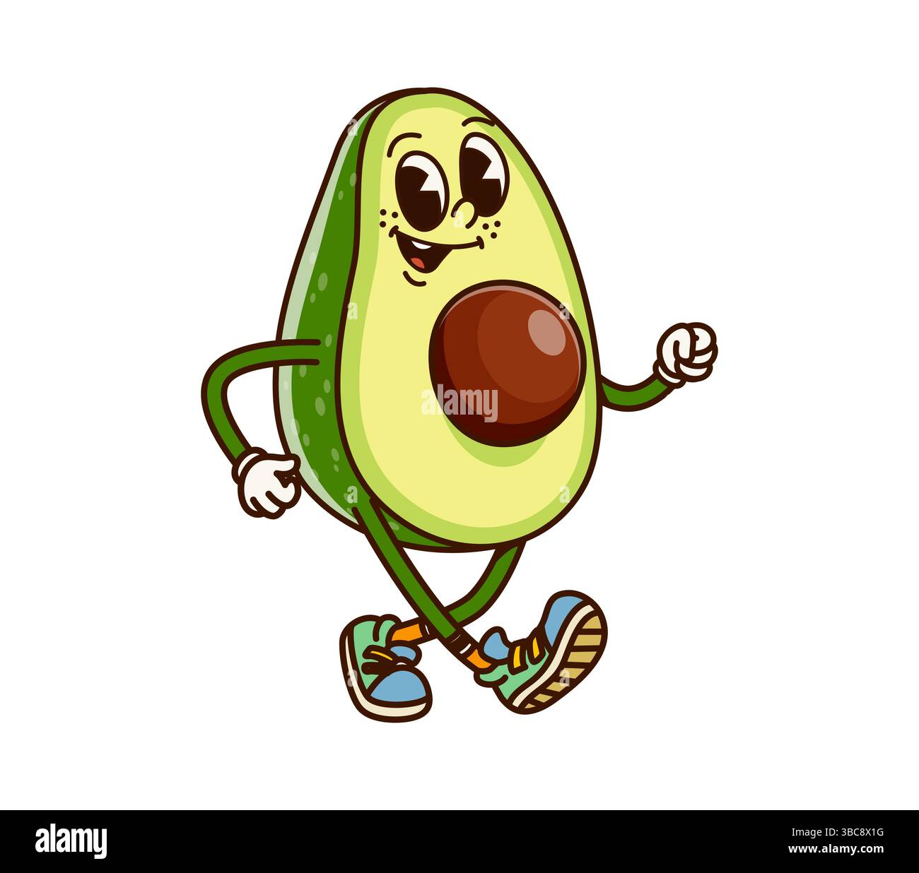 Walking avocado half with seed groovy cheerful character. Vegan food ...
