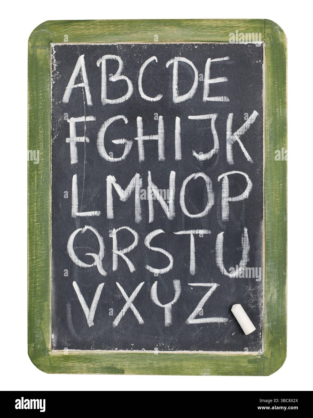 English alphabet - rough handwriting with white chalk on old slate ...