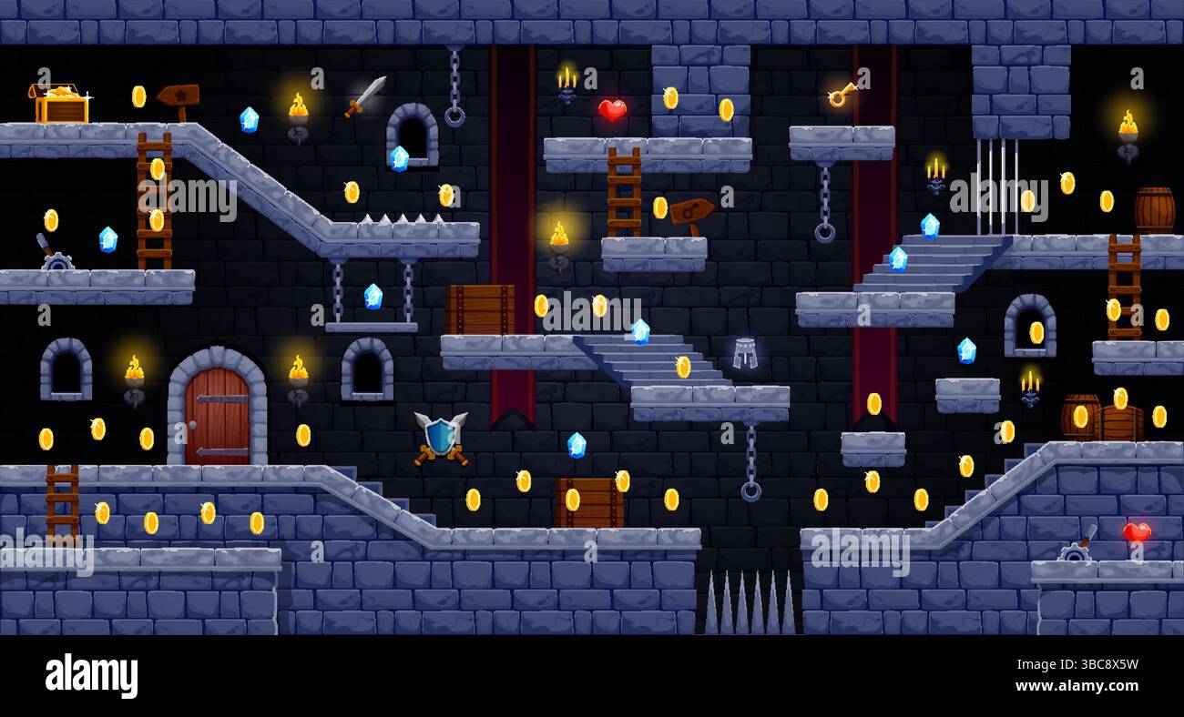 2d arcade game castle level map interface. Platform and stairs, coins ...