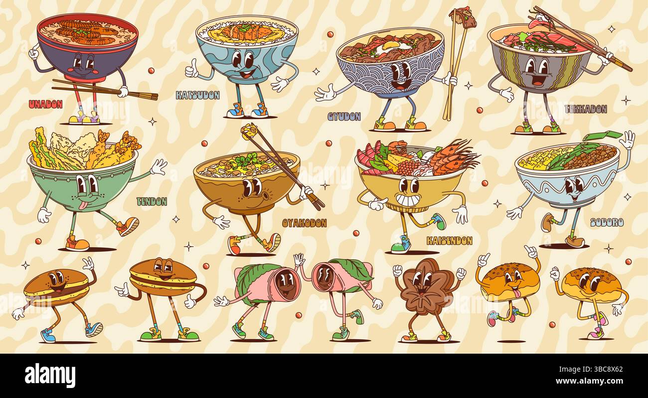 Cartoon retro groovy asian cuisine characters of rice bowls and dessert ...