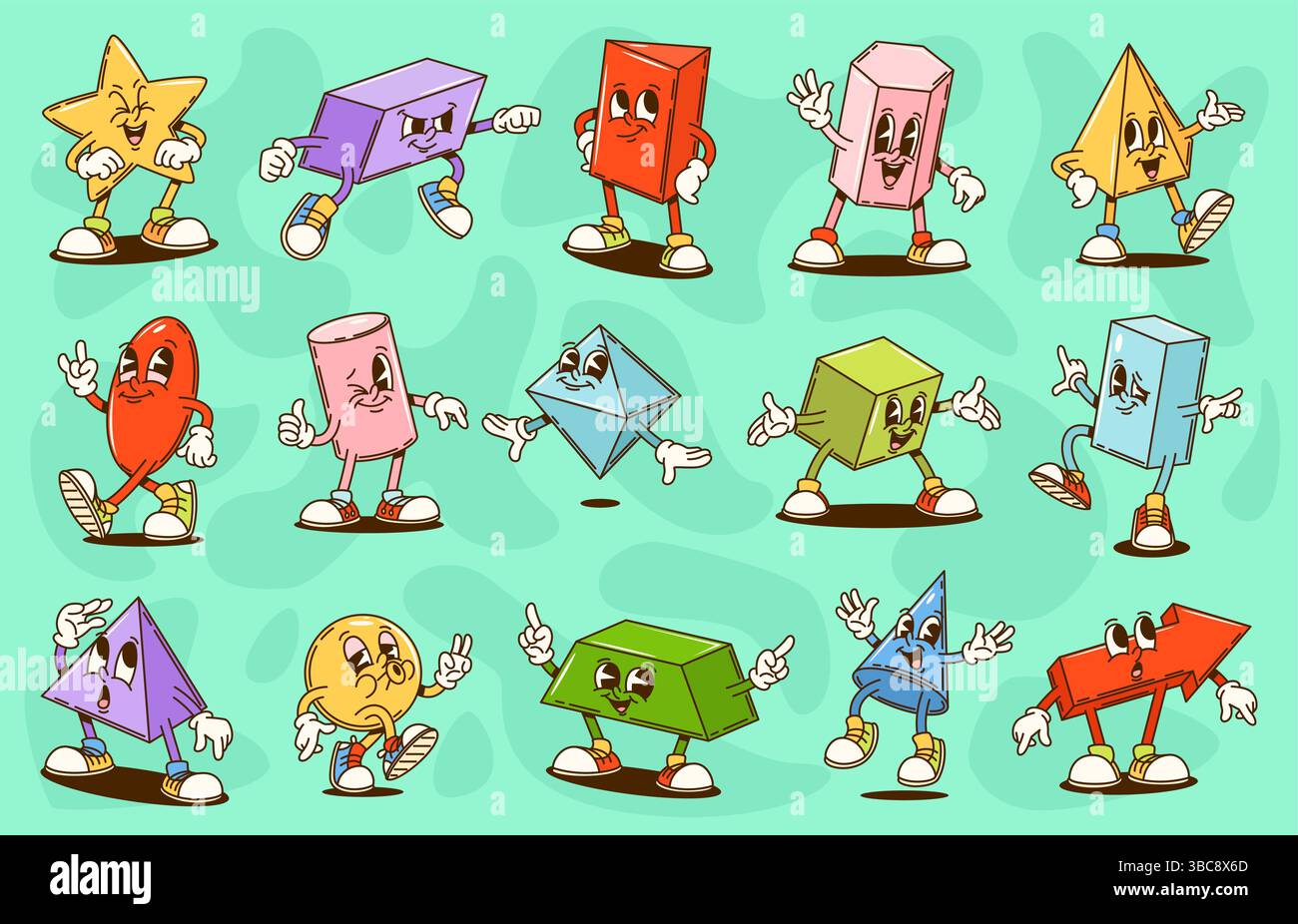 Groovy math geometric figure characters. Cute psychedelic shapes vector ...