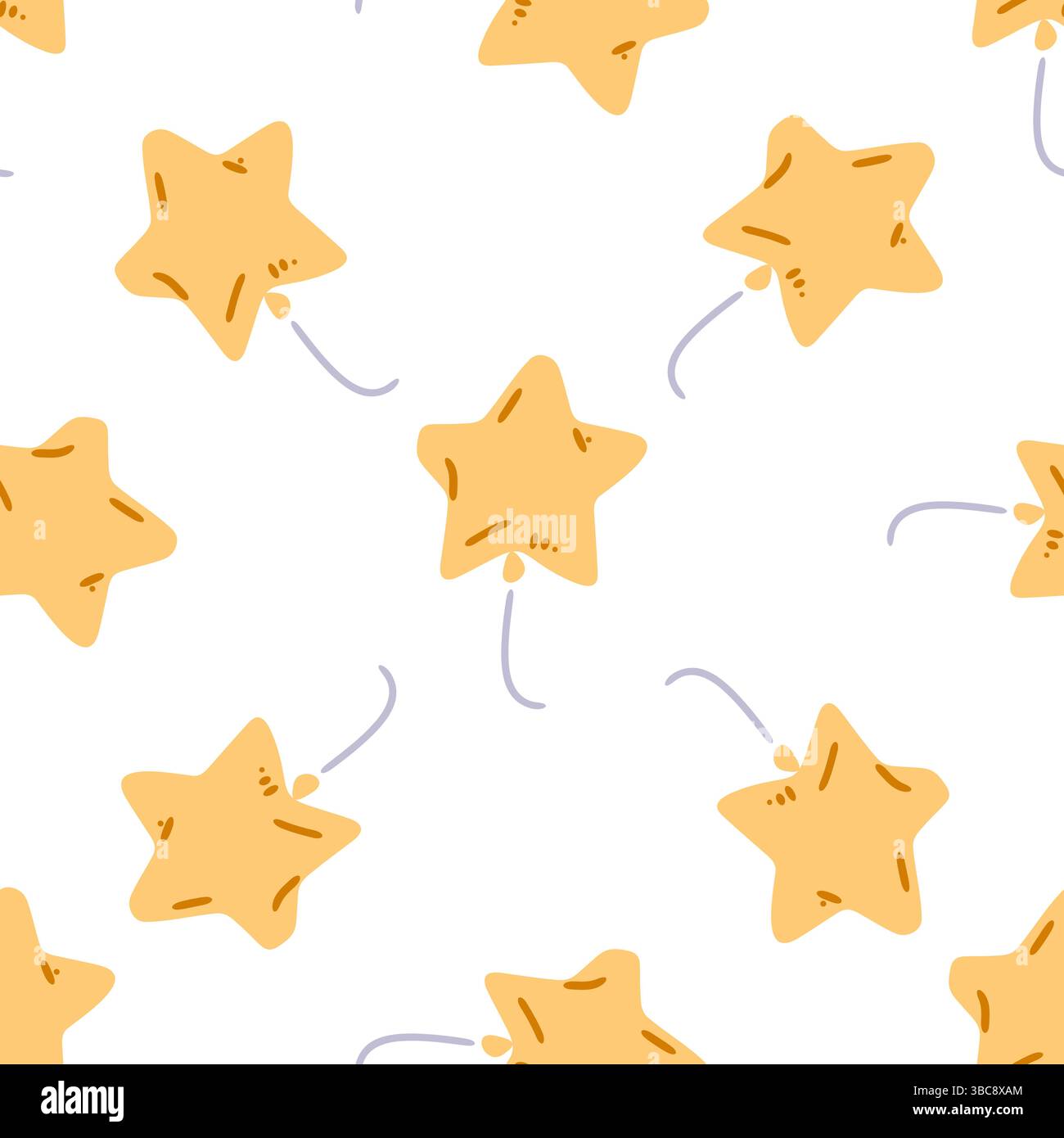 Repeating pattern of yellow star-shaped balloons with strings on white ...