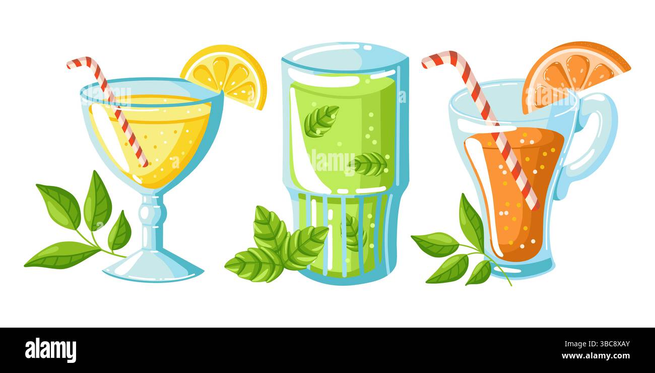 Flat cartoon-style vector illustration of three refreshing summer drinks: lemonade, orange ...