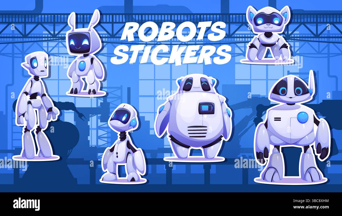 Cartoon futuristic robot characters and digital droids, vector stickers pack. Cartoon toy ...