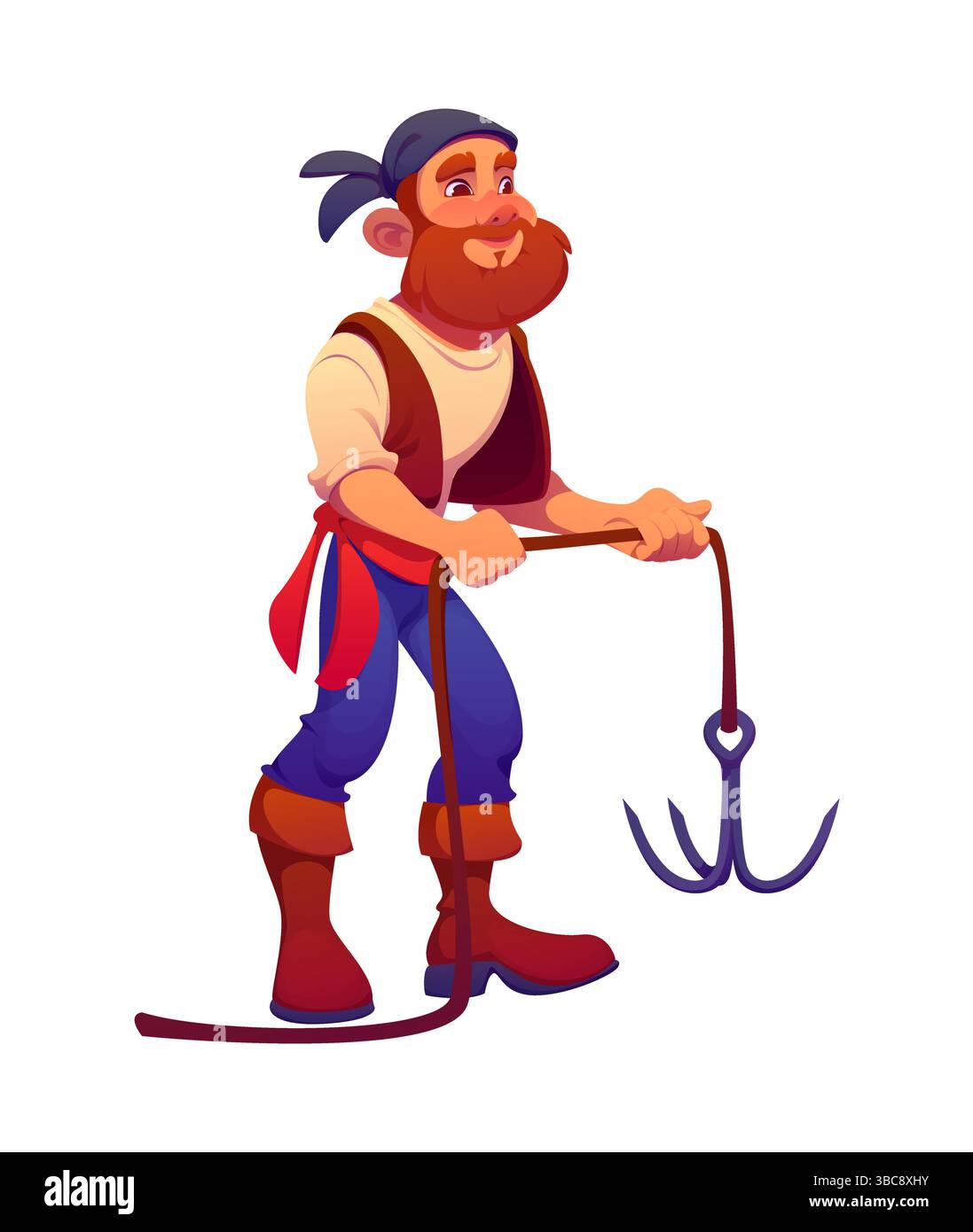 Cartoon pirate corsair character, boatswain personage with red beard holding a grappling hook ...