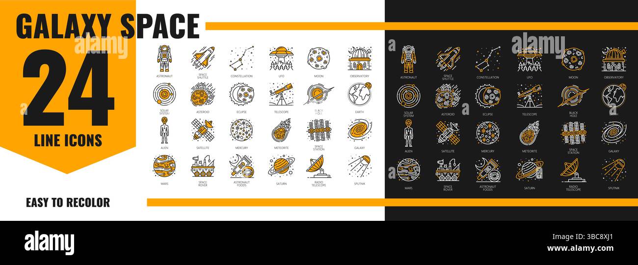Line galaxy space icons, vector astronomy science. Space rocket, Moon ...